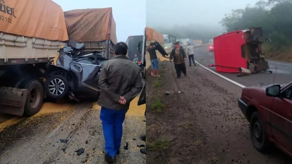 Acidente entre dois caminhões e um carro deixa uma pessoa morta e outra gravemente ferida na BR ...